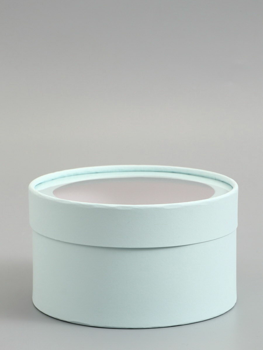 Подарочная коробка круглая, лагуна, завальцованная с окном, 18x10 см