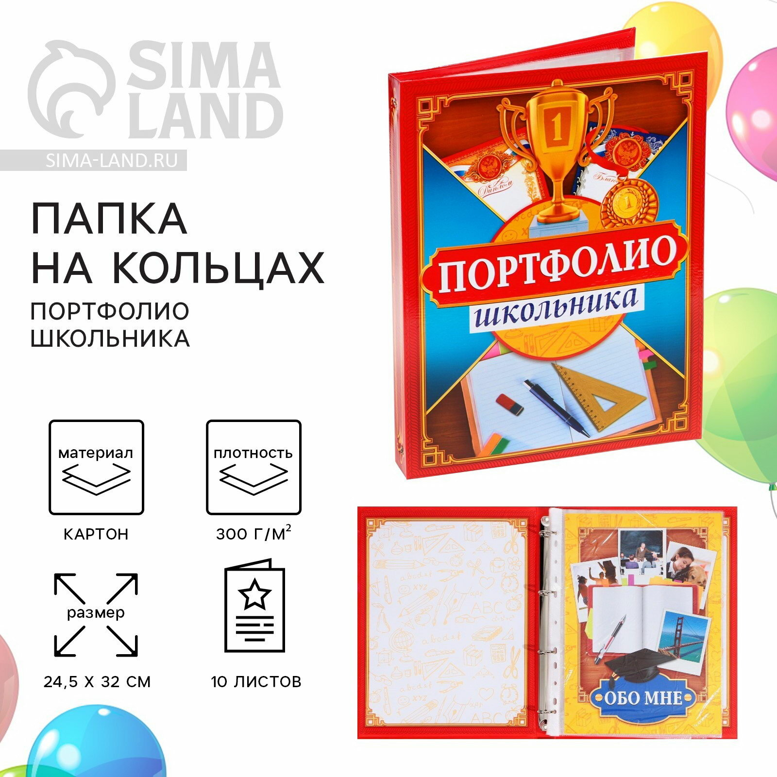 Папка школьная на кольцах "Портфолио школьника", 13 листов-разделителей, 24.5x32 см