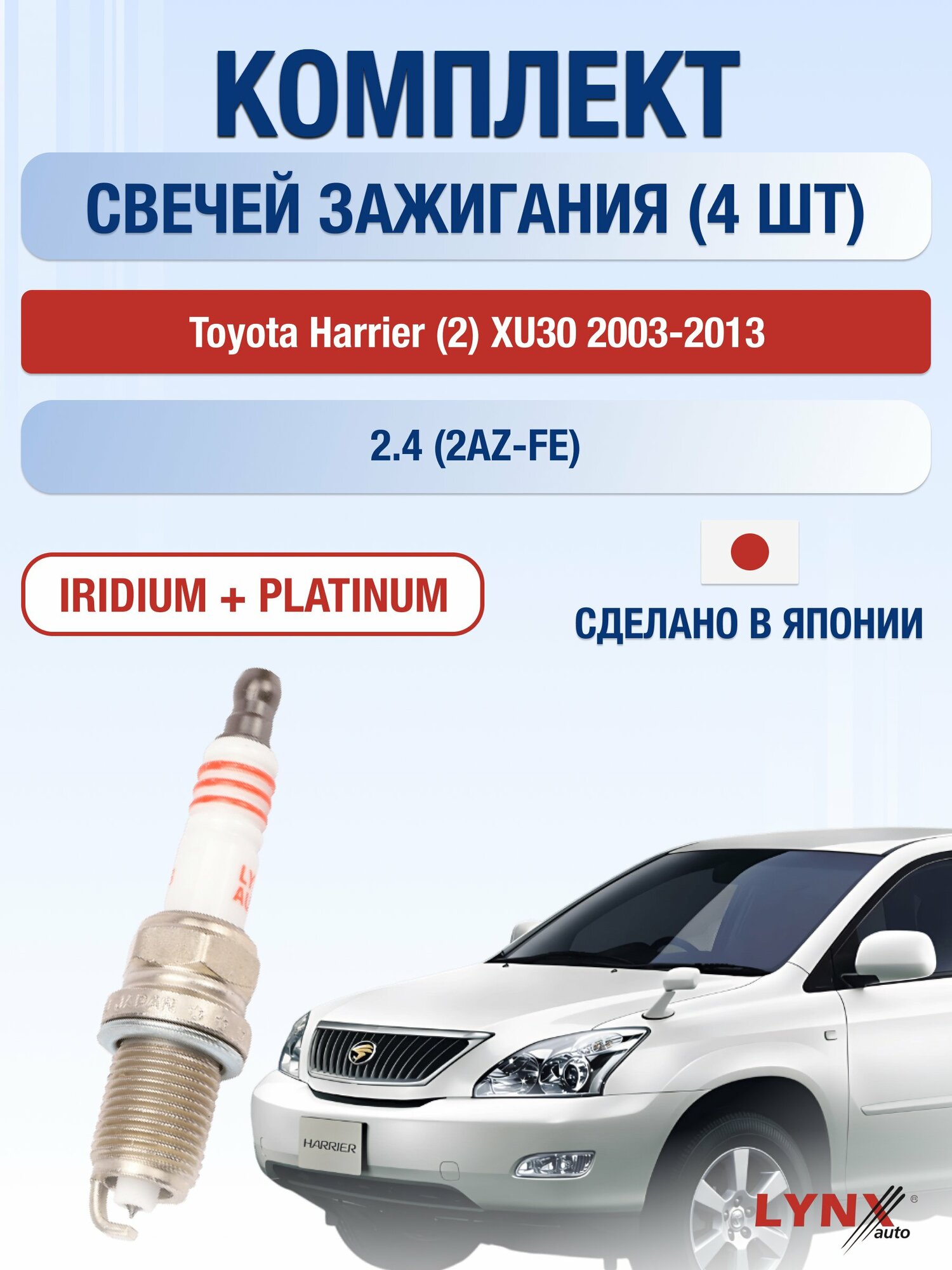 Свечи зажигания на Toyota Harrier (2) XU30 2003-2013г./ комплект 4 шт. Двигатель 2.4 (2AZ-FE) SP-173/ LYNXauto