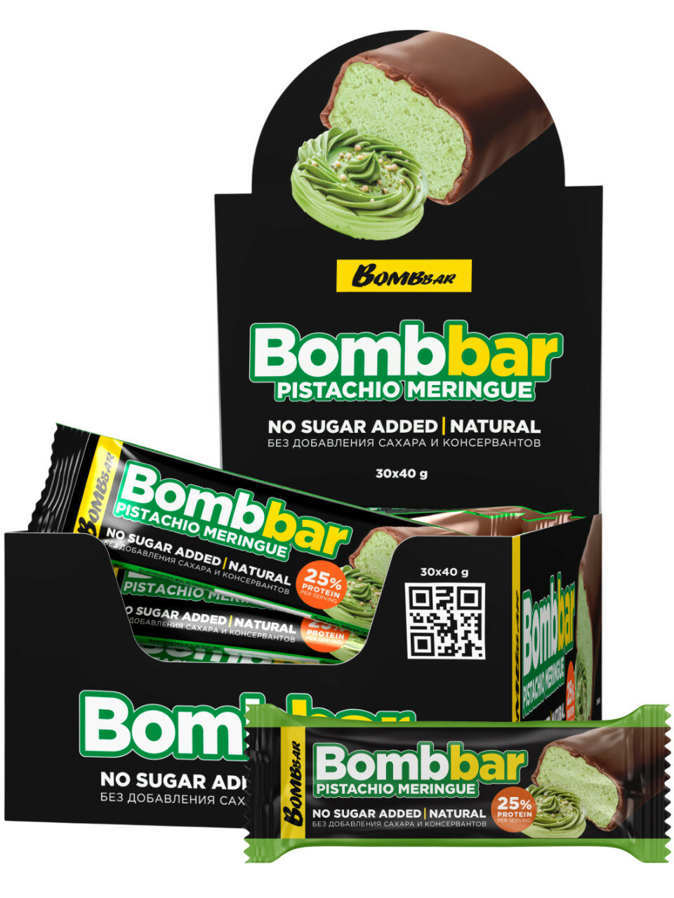 Протеиновый батончик BombBar Батончики в шоколаде без сахара 30 x 40 г, Фисташковая меренга