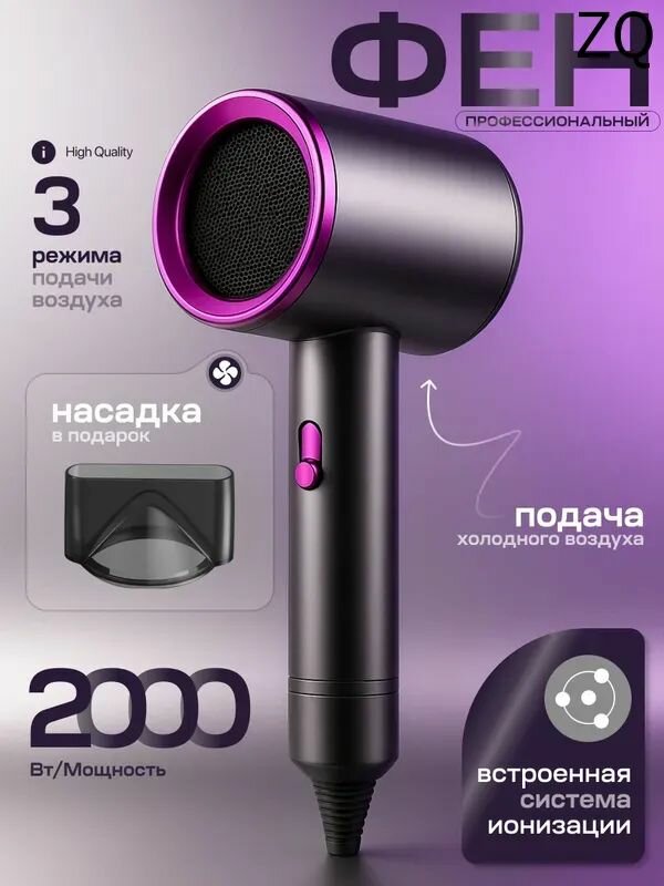 Фен для волос Профессиональный мини-фен с ионизацией 2000 Вт, скоростей 2, кол-во насадок 1, темно-серый 2 скорости 1 насадка ионизация 2000 Вт