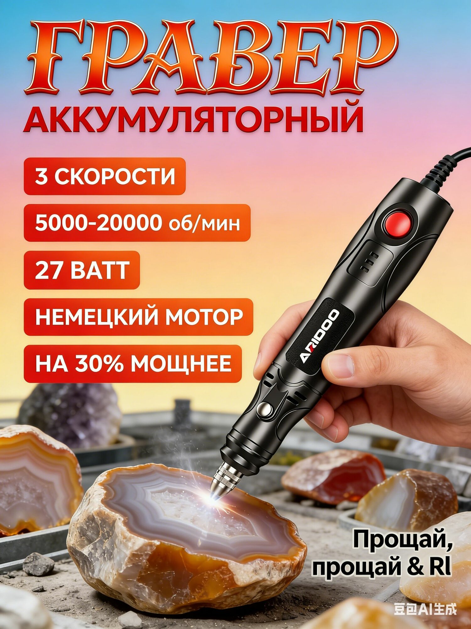 Гравер электрический с насадками , (38 Вт, 27 шт насадок, 25000 об./мин, 3 скорости) , высокая безопасность, защита от перегрузки