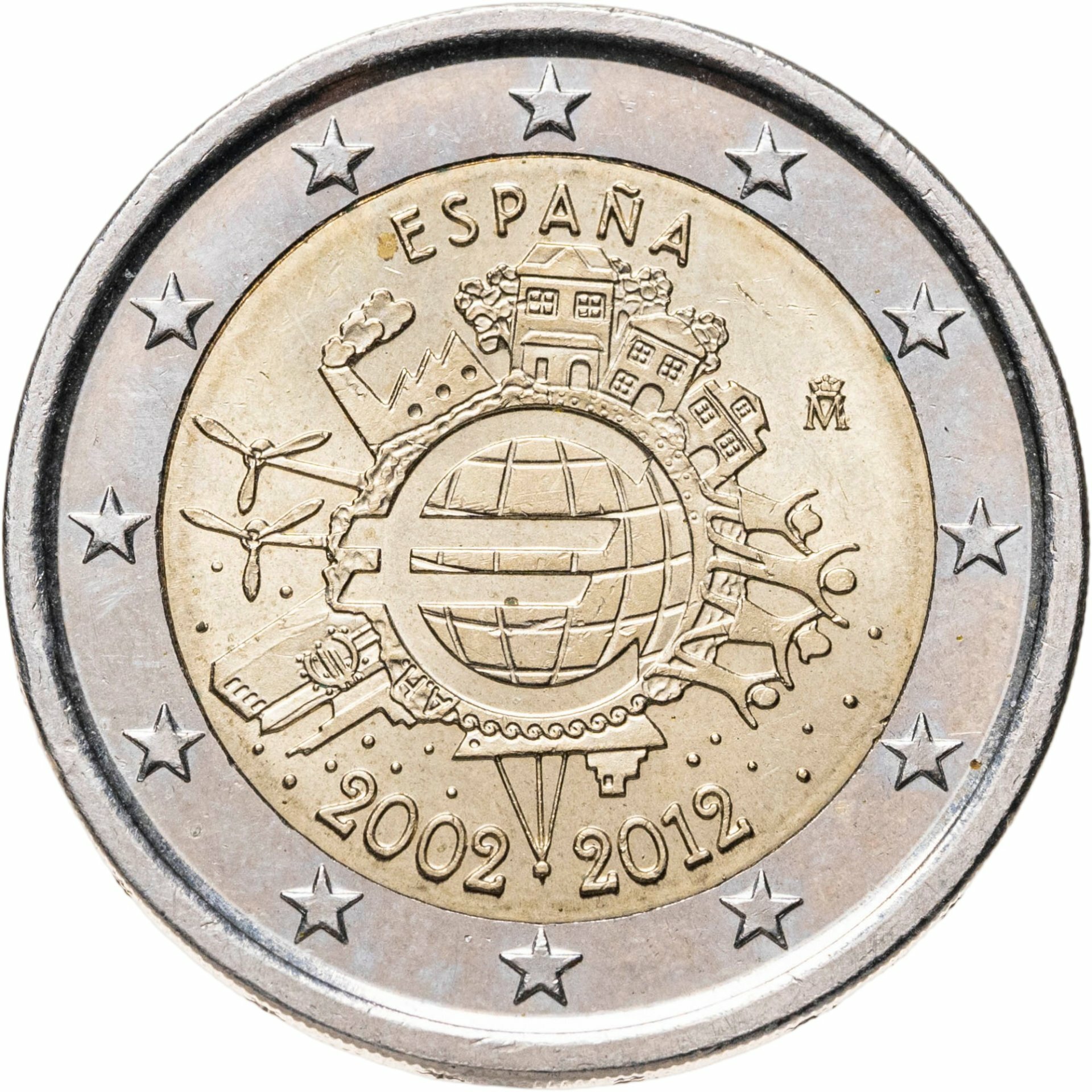 Испания 2 евро 2012 "10 лет евро", Биметалл, в сохранности UNC