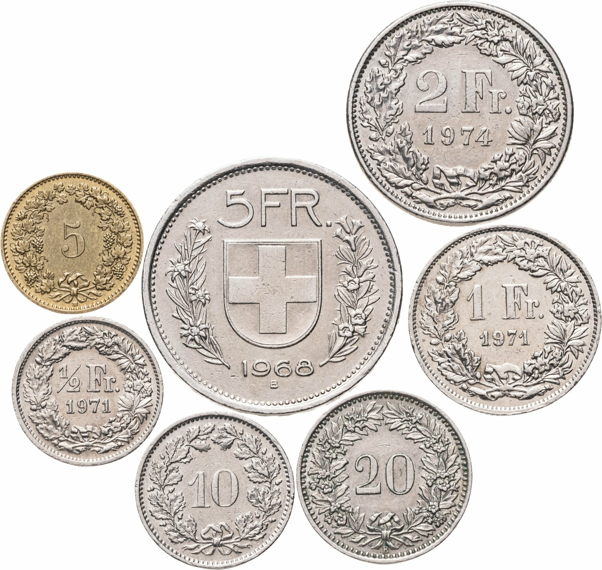 Швейцария набор монет по номиналам 1959-1992 7 штук, Мельхиор медь-никель, в сохранности XF-AU