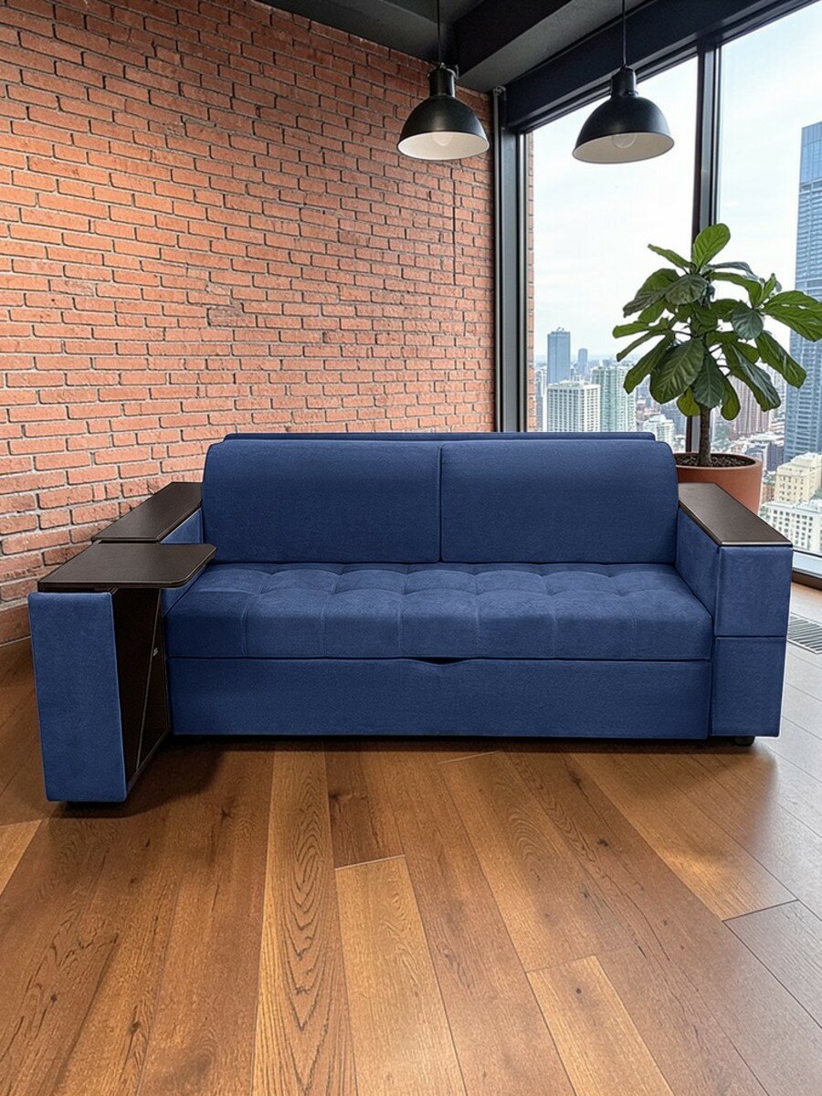 Диван кровать раскладной Айсберг с столом и ящиком на металлокаркасе, синий