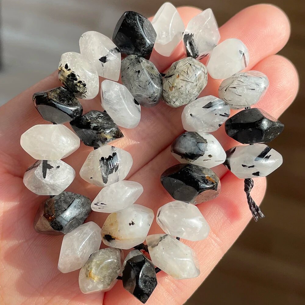 Бусины black rutilated 6x11mm about 23pcs