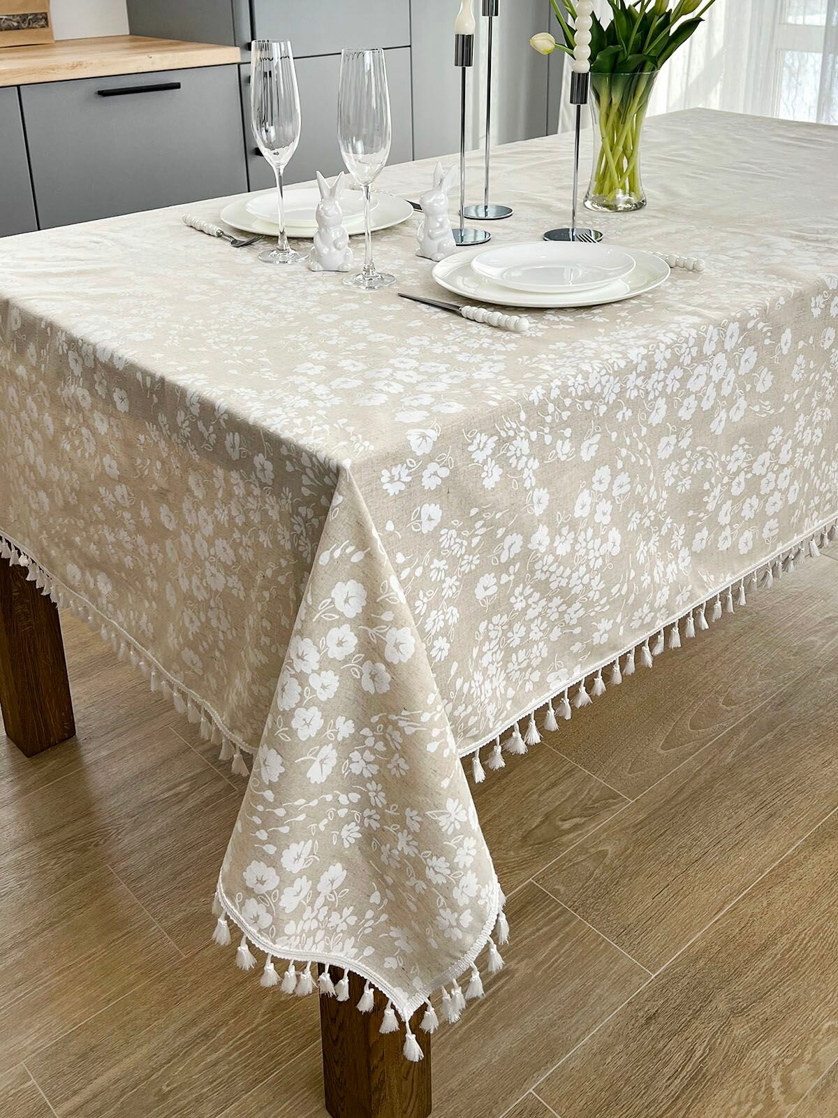 Скатерть серая набивная "Незабудки" 150*200, лен 50%, хлопок 50%