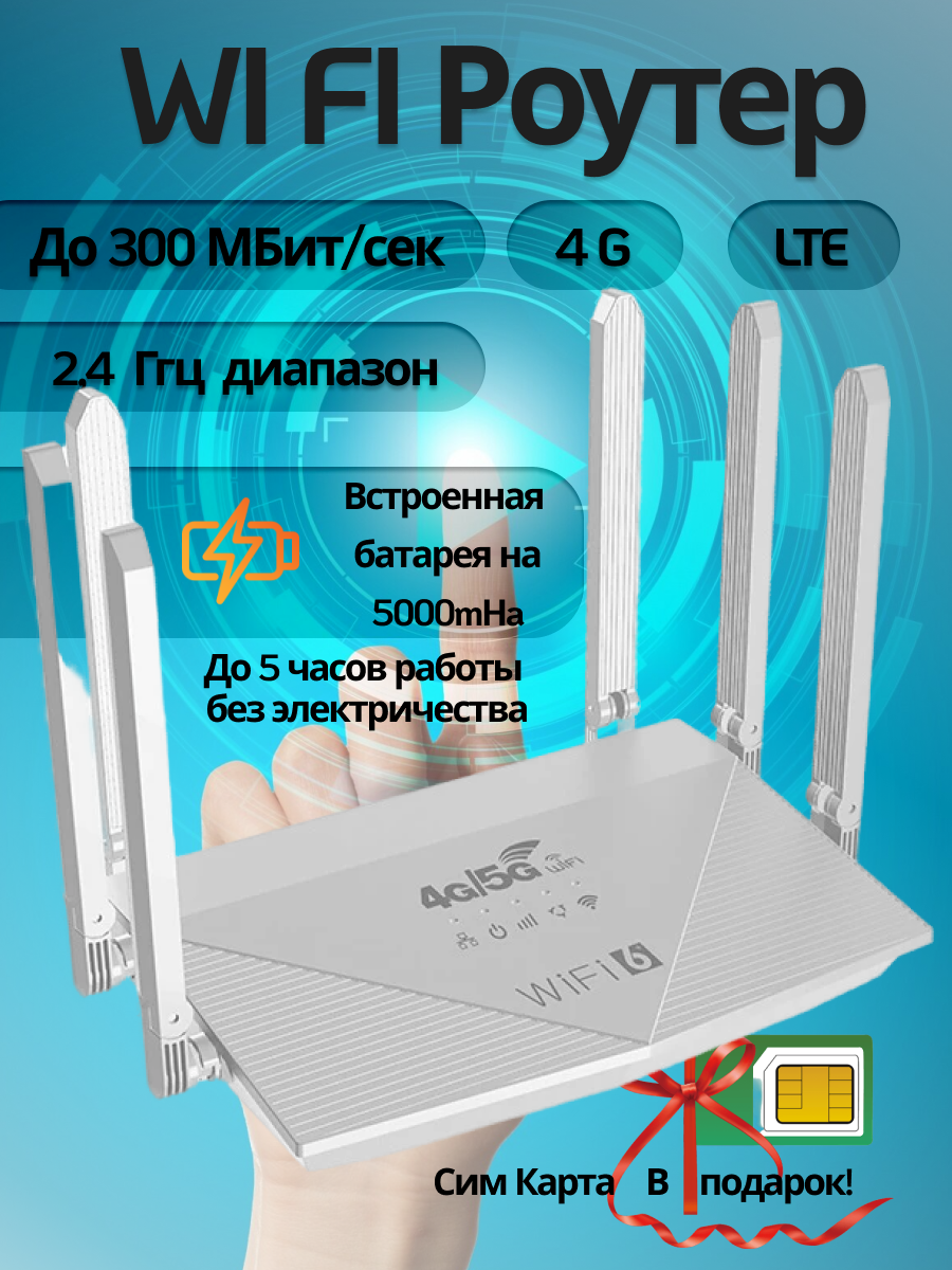 Роутер WIFI 6 для дома с сим картой 4G 5G, до 300 Мбит/с, Вай Фай Маршрутизатор c встроенным аккумулятором 5000 мАч