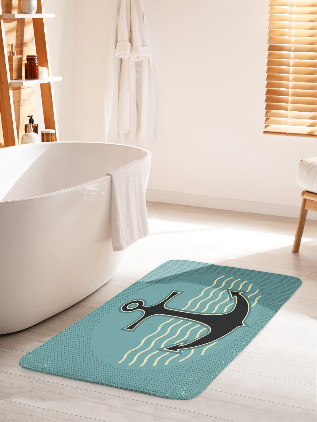 Коврик для ванной комнаты и туалета противоскользящий "Якорь на морских волнах" 60х100 см, JoyArty