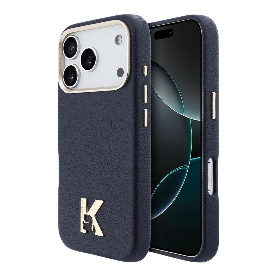 Karl Lagerfeld чехол с MagSafe для iPhone 17 Pro Max, кожа PU Full Wrapped K HEAD Metal logo & Camera, синий