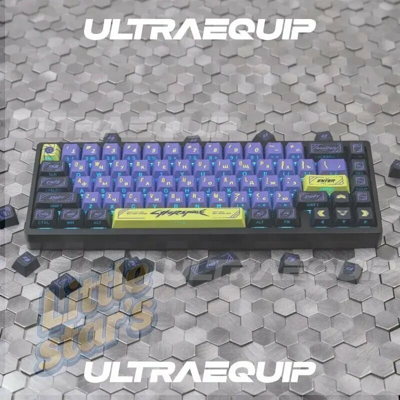 Кейкапы для механической клавиатуры - PBT Клавиши "Киберпанк": 130 клавиш, фиолетовые, японские символы, термопечать, Cherry профиль