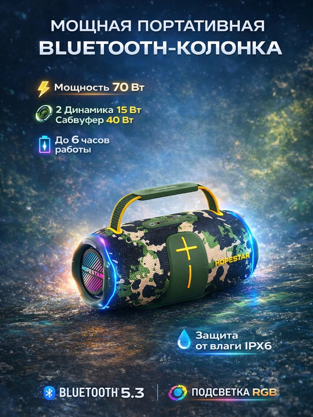 Портативная беспроводная колонка Hopestar H53 PRO 70 вт Хаки