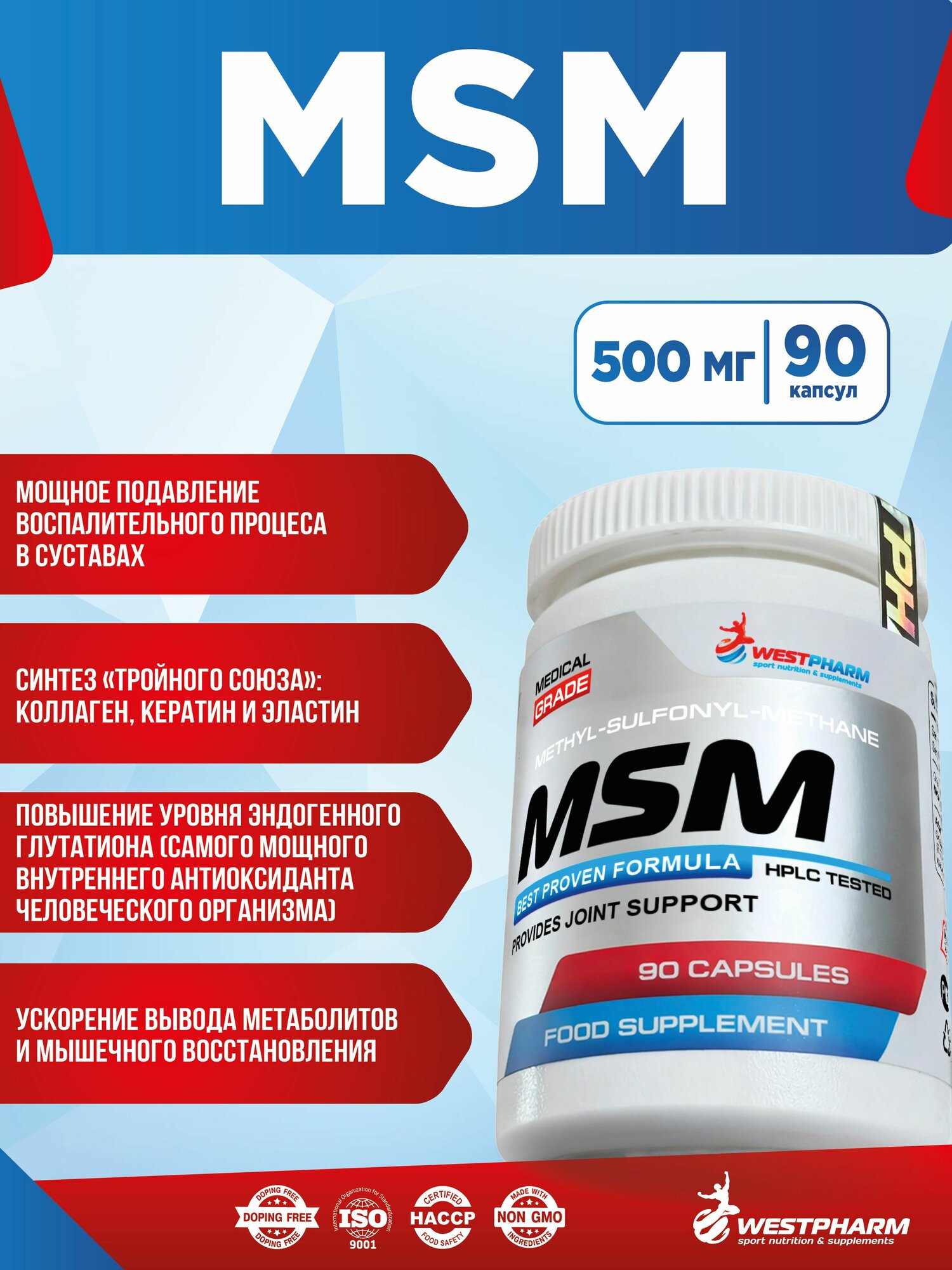 WestPharm MSM / МСМ / Метилсульфонилметан / Для суставов и связок / 90 капсул