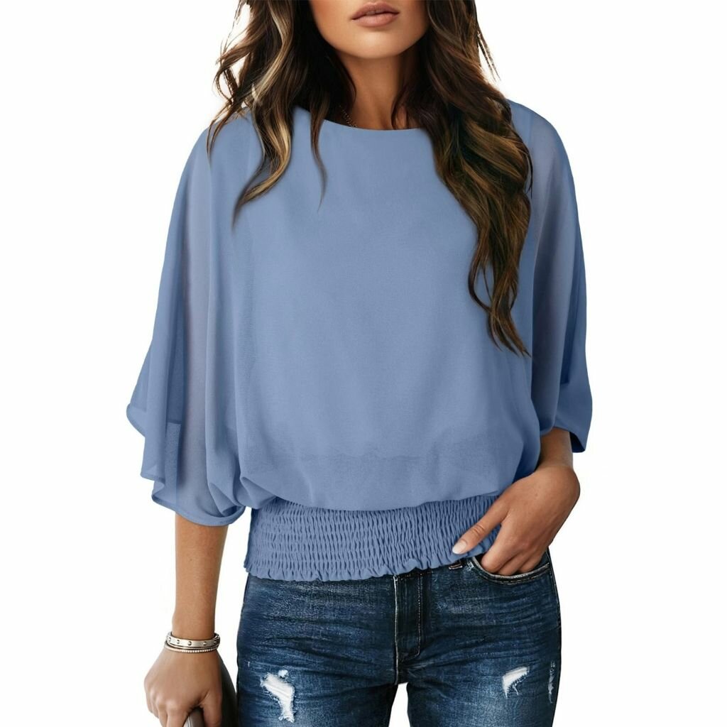 Женская шифоновая блузка с рукавами летучая мышь и вырезом-лодочкой небесно-голубой размер XXL