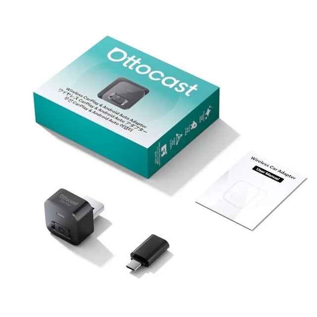 Беспроводной автомобильный адаптер Ottocast Mini Dot Express 2-в-1 для CarPlay и Android, подключение по принципу Plug and Play, быстрое соединение с USB-адаптером, совместим с моделями Mercedes-Benz, Audi и Toyota.