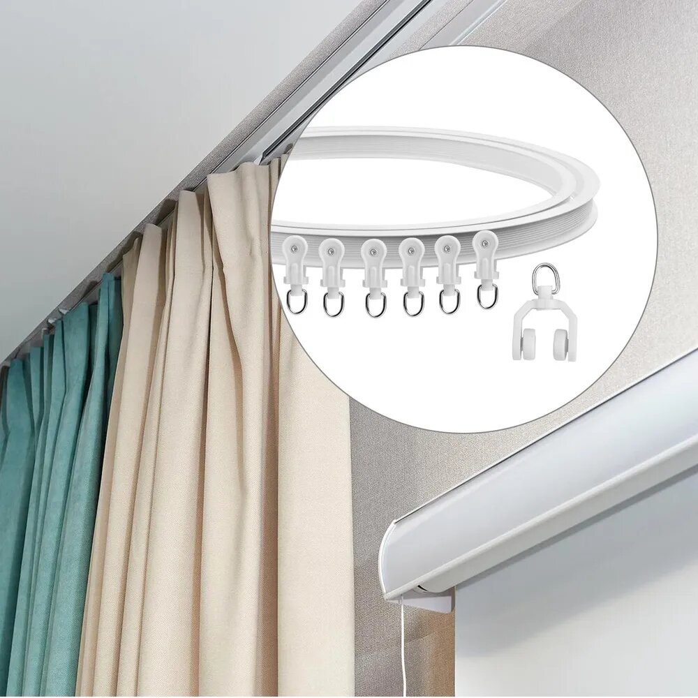 Пластиковые Гибкие Шторные Рельсы, Длина 5 метров, Комплект из 80 штук, Цвета Черный и Белый, в комплекте с Аксессуарами, Подходят для Комнаты с Ванной и Веранды