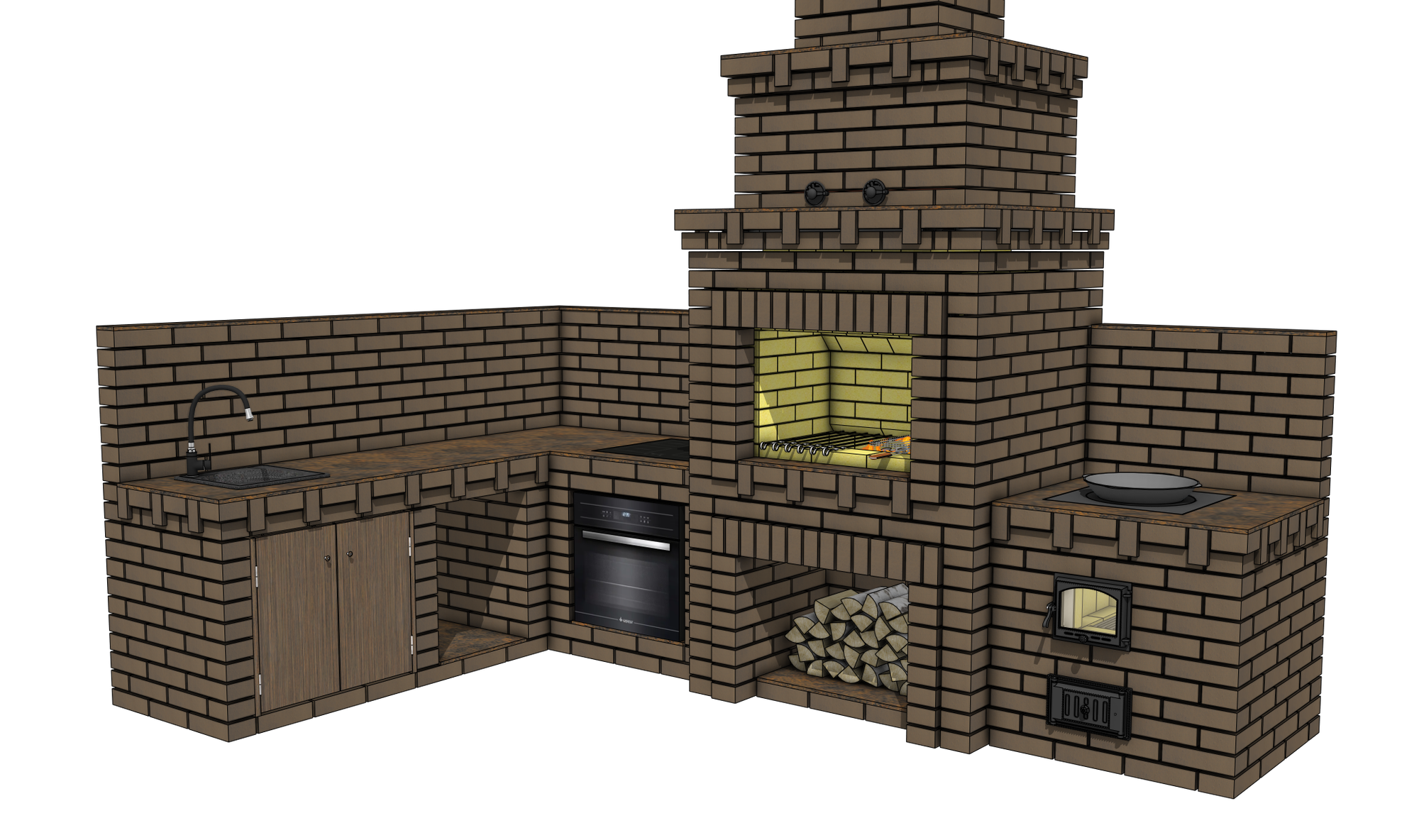 Проект углового барбекю комплекса У-3890-НМ большая столешница с мойкой. Мангал с казаном 6-12 л.