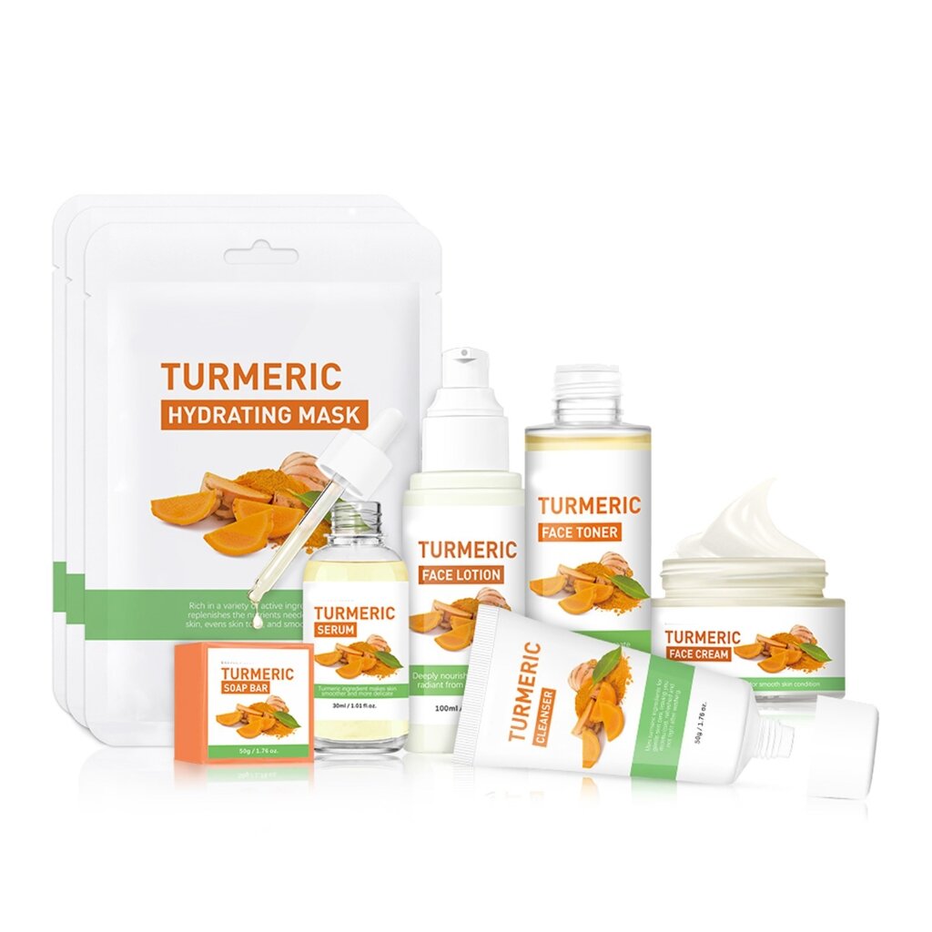 Набор Для ухода За кожей с Куркумой Turmeric Skins Care Kit Тоник Для Лица, Очищающее Средство, Крем Для лица, Сыворотки Для Ухода За лицом, Увлажняющая Маска, Лосьон Для Лица