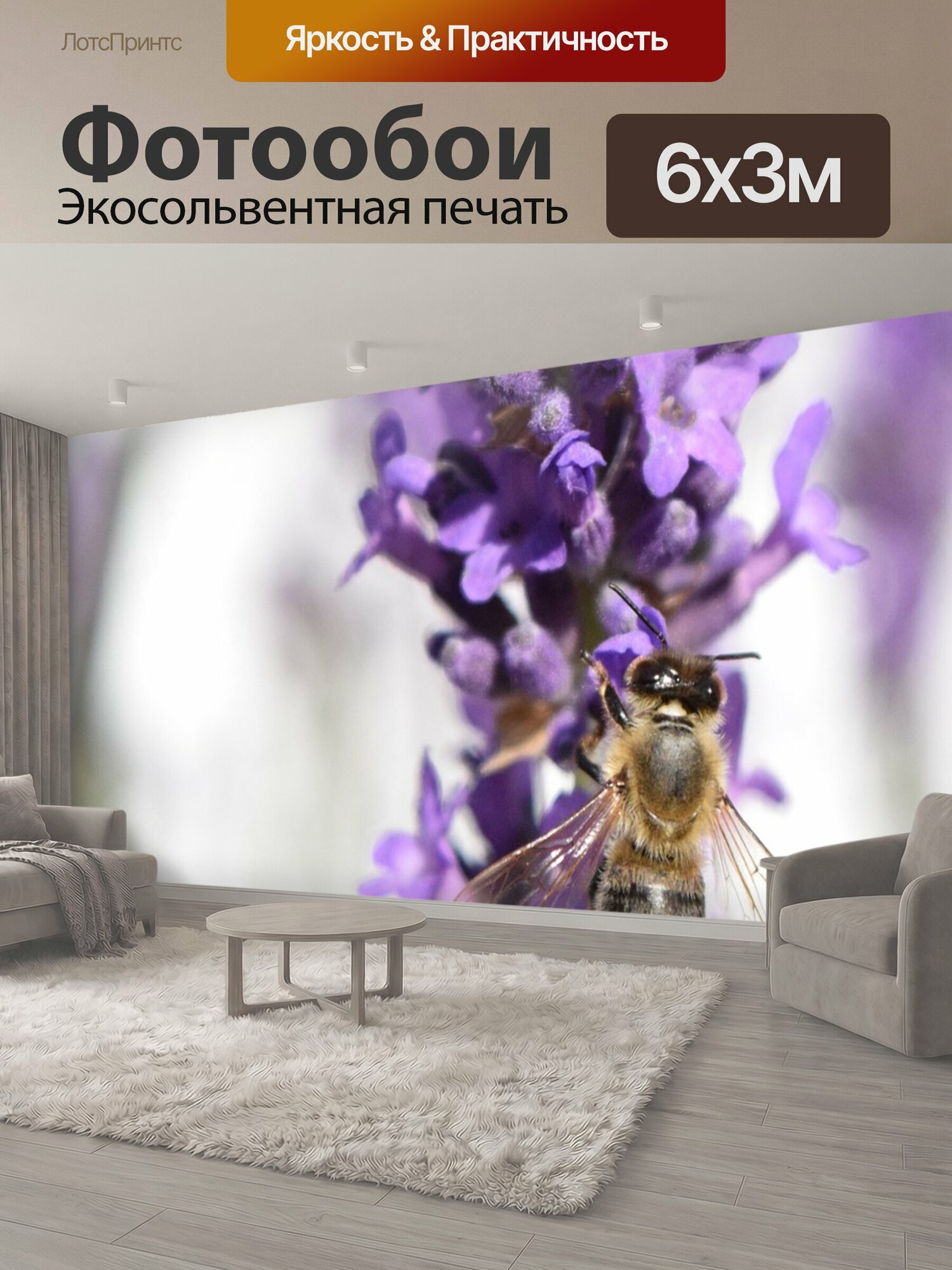 Фотообои "Пчела, закрывать, лаванда" 600x300 см. экосольвентная печать