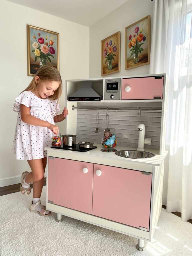 Детская кухня SITSTEP с вытяжкой, интерактивной плитой (со звуком и светом), розовые фасады