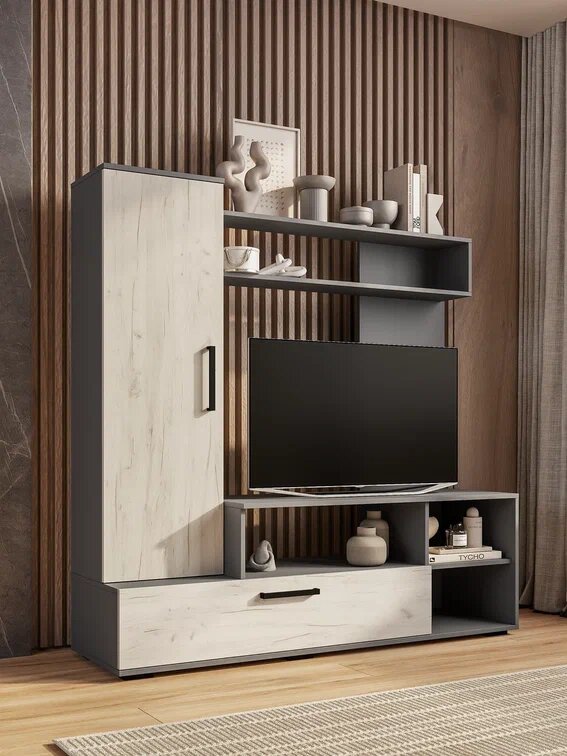 Стенка со шкафом "Евро 2" , 150х44х152 см графит дуб крафт белый