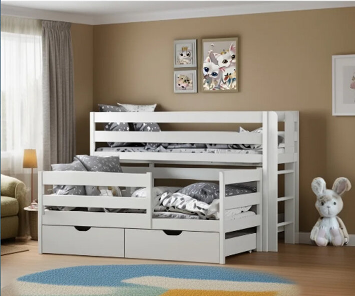 Кровать для 2-х детей выкатная кармен 80х190 белая из массива, с ящиками, ортопедическое дно, (без матраса)