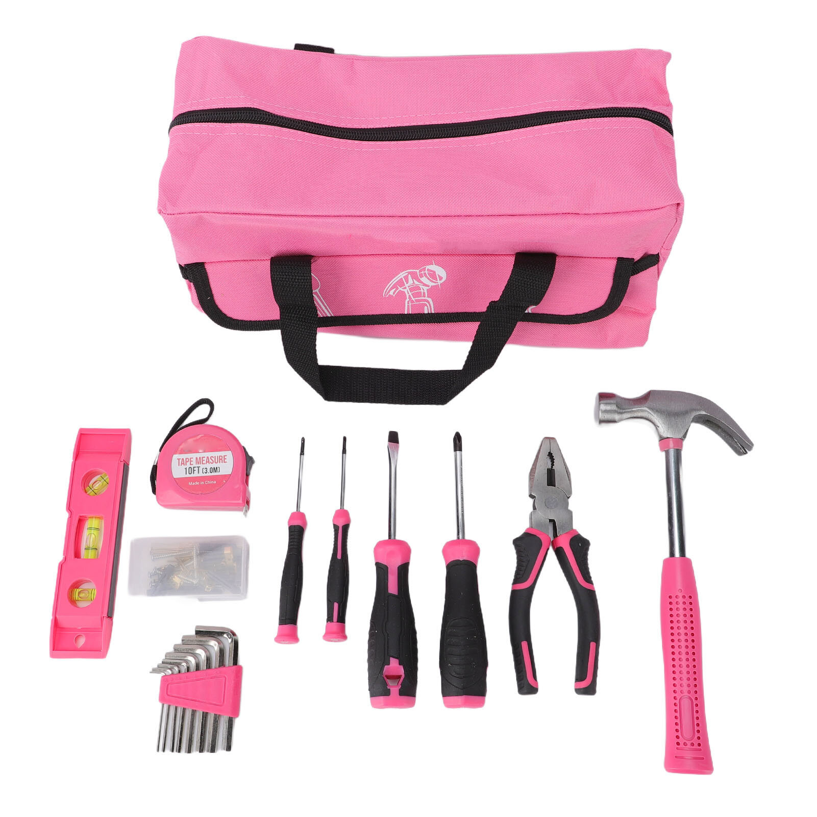Набор инструментов для ремонта дома для женщин и начинающих, полный комплект ручных инструментов: молоток, гаечный ключ, скобяные изделия, в портативном кейсе для инструментов, розовый, 18 предметов.