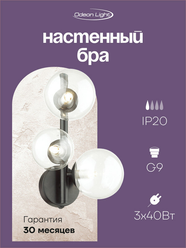 Бра с выключателем ODEON LIGHT TOVI 4818/3W G9 3*40W черный
