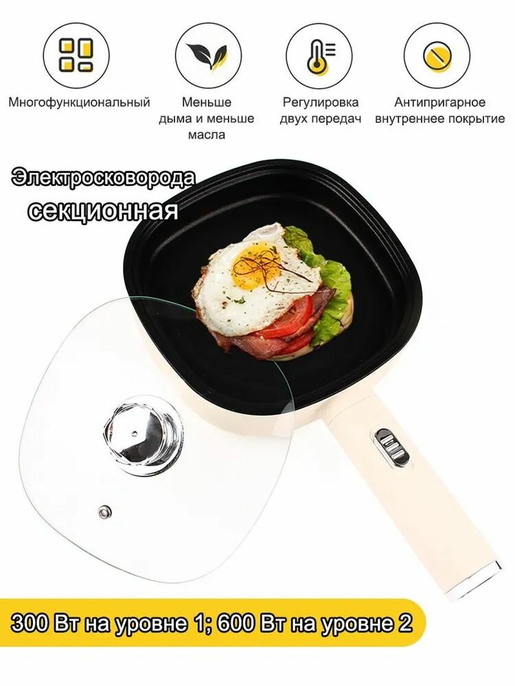 Белая электрическая сковорода с плоским дном, длинной ручкой, с крышкой, антипригарным покрытием.