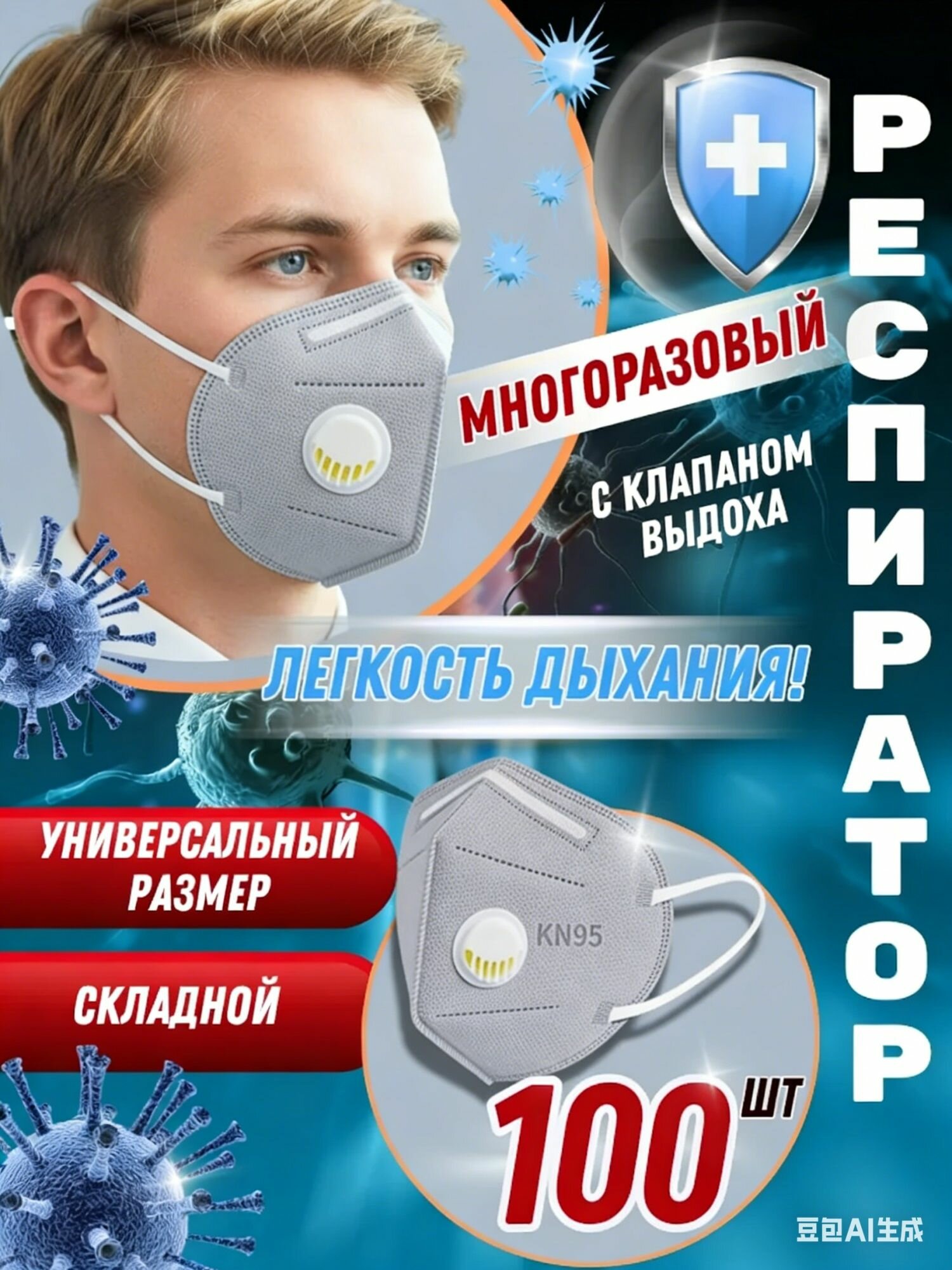 Респиратор многоразовый с клапаном FFP2 маска KN95 100 шт