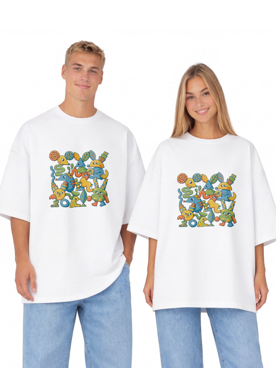 Футболка белая оверсайз «cartoon characters in geometric style»