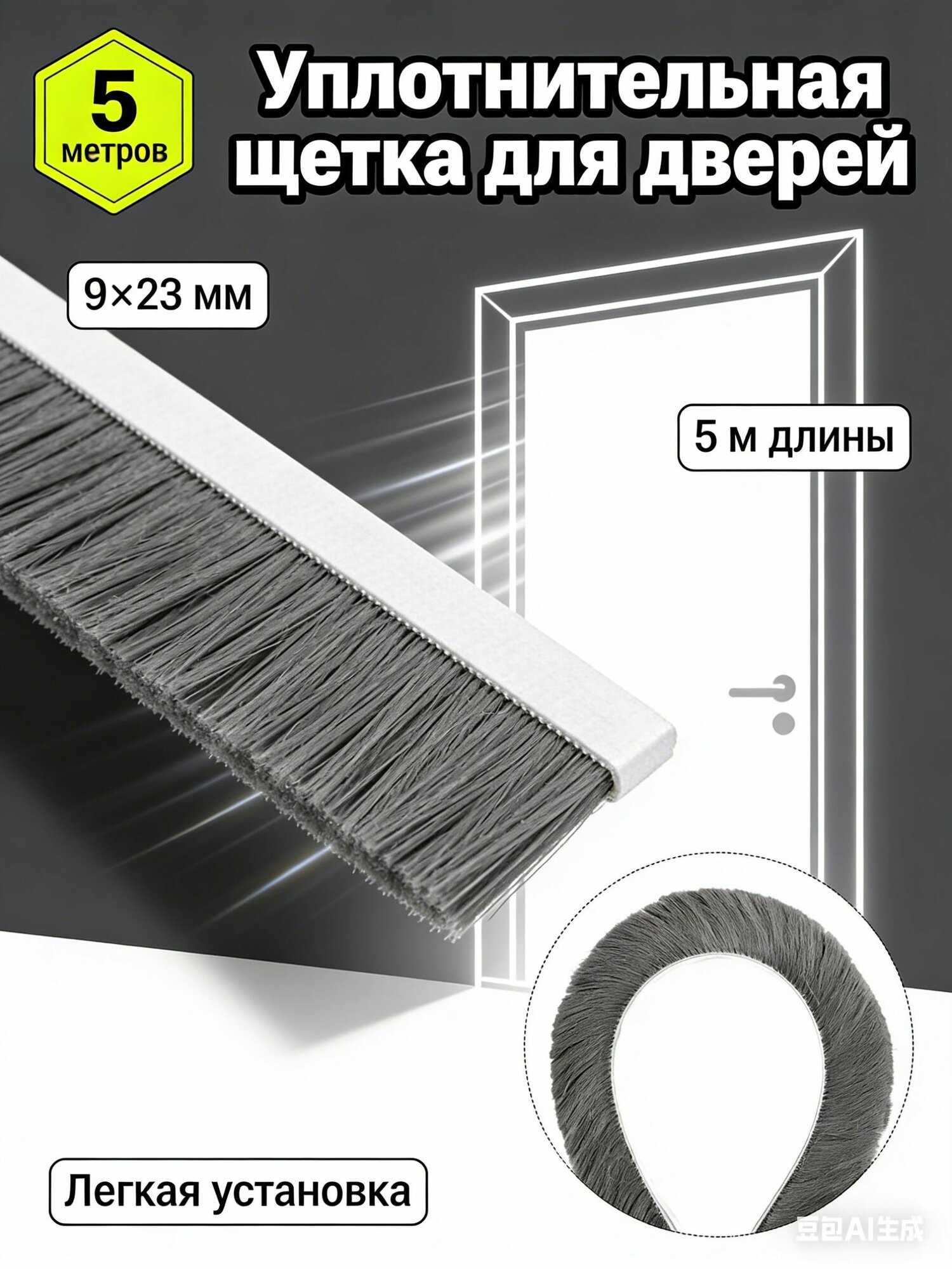 Уплотнитель для дверей с щетиной, 5 метров, 923 мм, самоклеящийся, серый, для герметизации зазоров, защиты от пыли, шума, насекомых и улучшения теплоизоляции