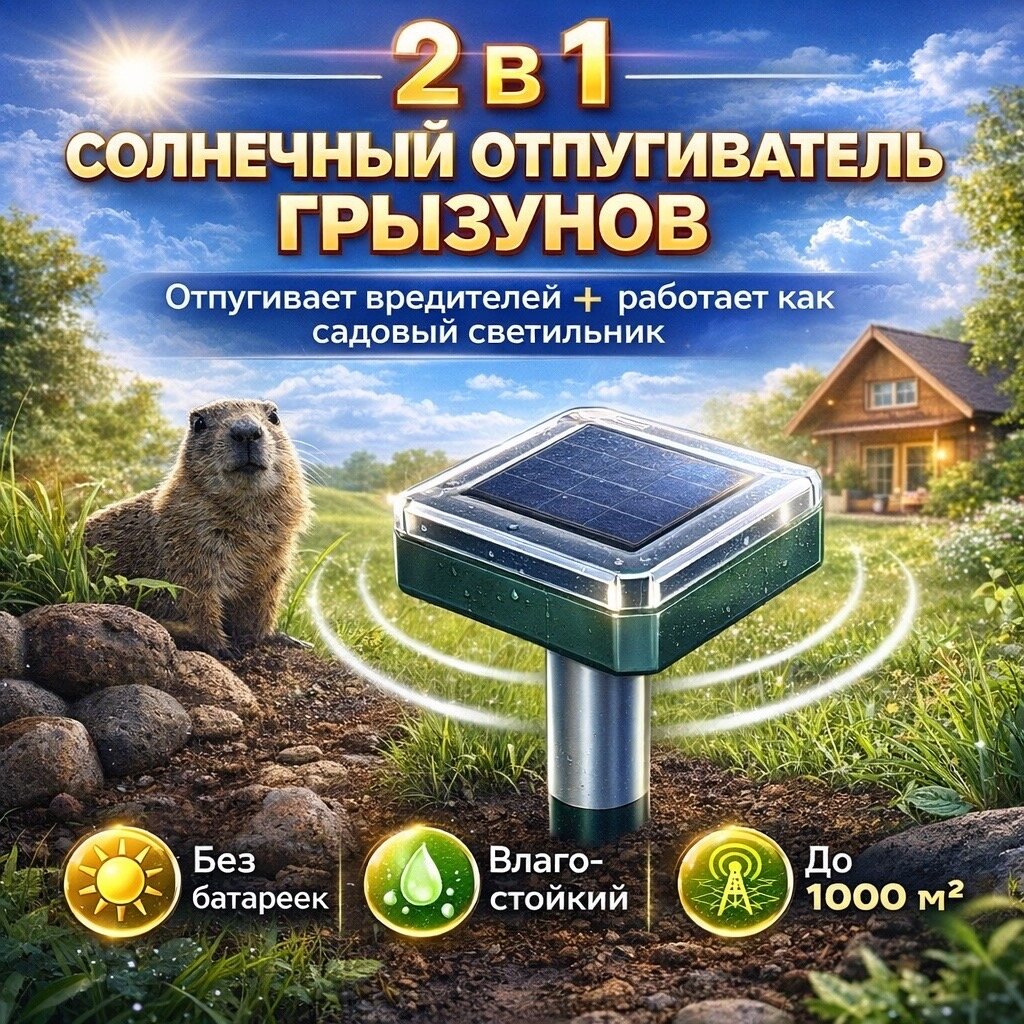 Ультразвуковой отпугиватель кротов и грызунов на солнечной батарее, 2 в 1 с подсветкой, защита участка до 1000 м²