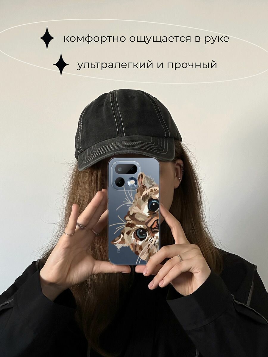 Чехол на Realme 16 Pro / Реалме 16 Про с принтом Любопытный кот, прозрачный — фото 1