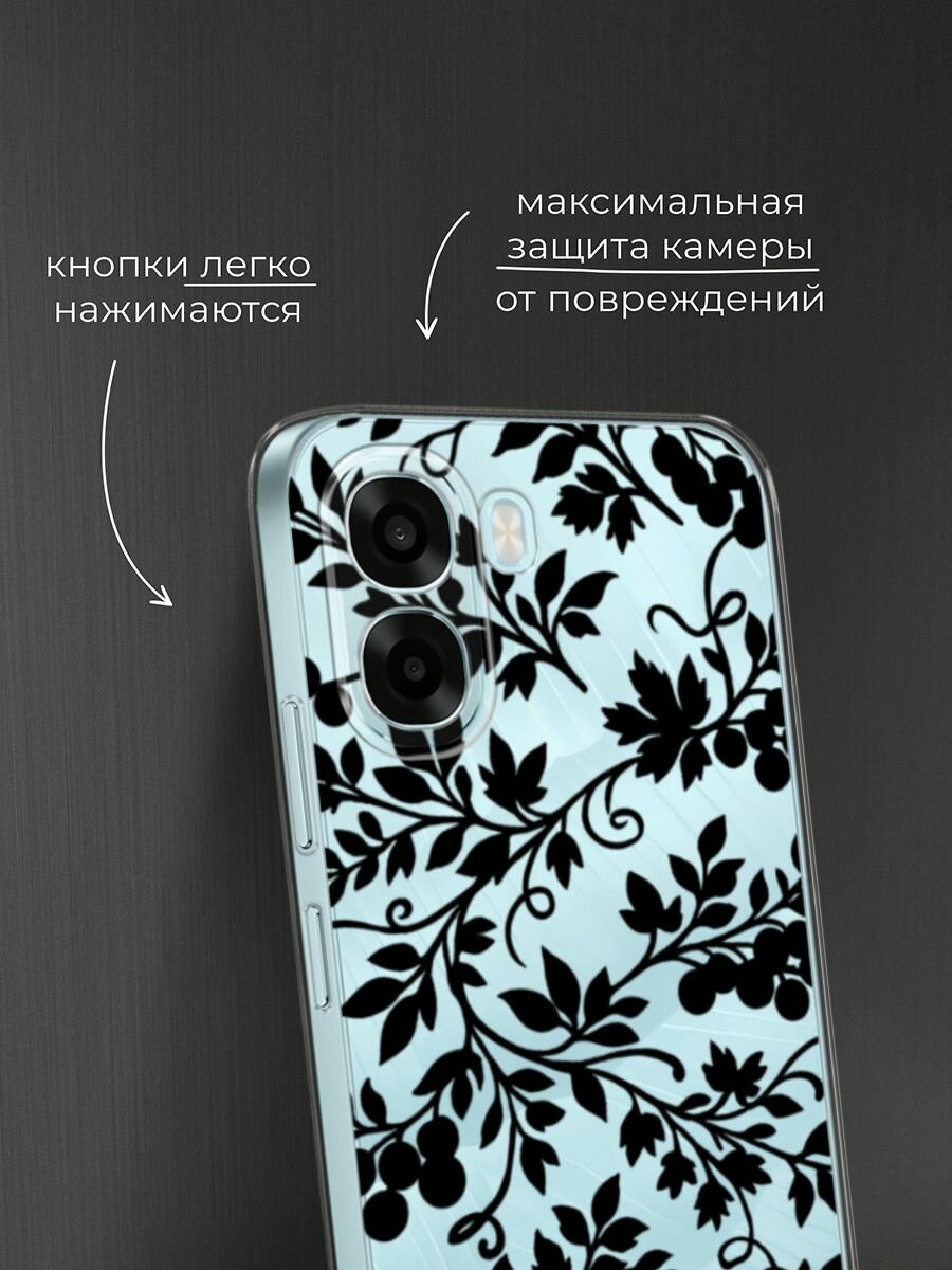 Чехол на Oppo A6x / Оппо A6x с принтом Черные веточки с листьями, прозрачный — фото 1