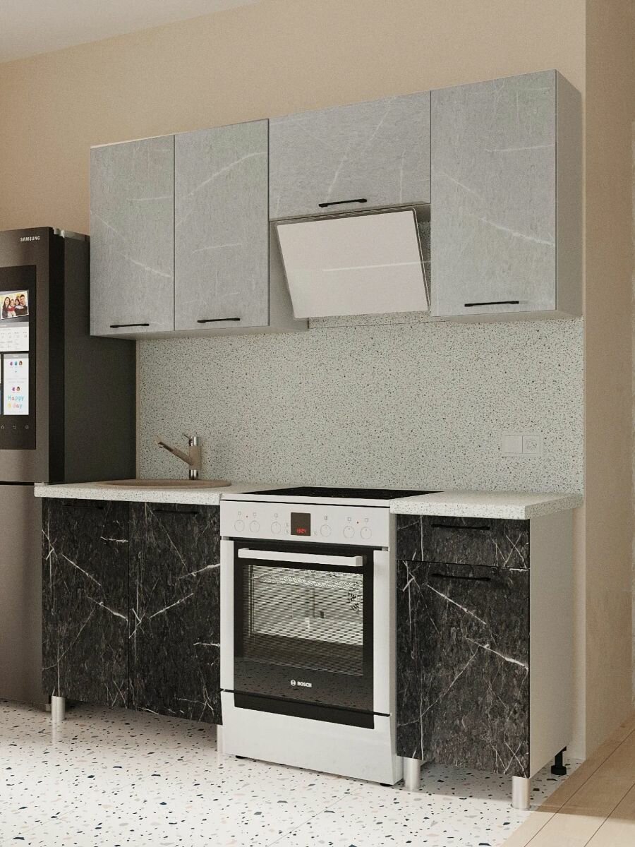 Кухонный гарнитур (кухня) Марбл 1.8 м с окапом, ЛДСП/МДФ, Белый/Мрамор Лайт/Мрамор Дарк, 1800х2160х430, тэкс