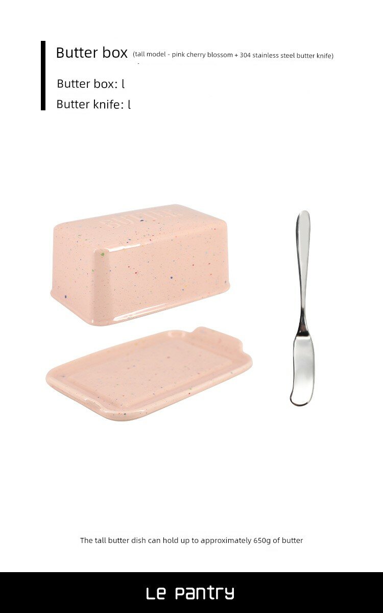 Керамическая миска для масла с крышкой и ножом, увеличенная высота, цвет «Pink Blossom» для хранения еды и подачи сыра