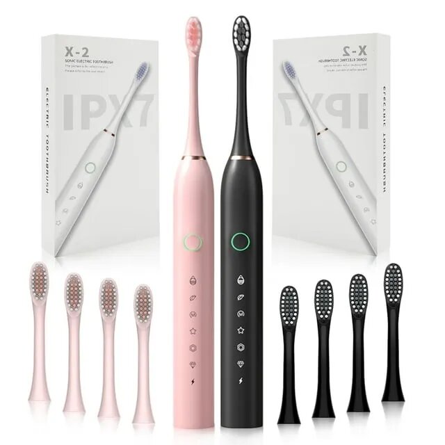 2 Pack Зарядные Электрические Зубные Щетки для Взрослых и Детей с Звуковым Уведомлением, 8 Заголовков Щеток, 6 Режимов Чистки, Смарт-Таймером и Водонепроницаемостью (Розовый&Черный)