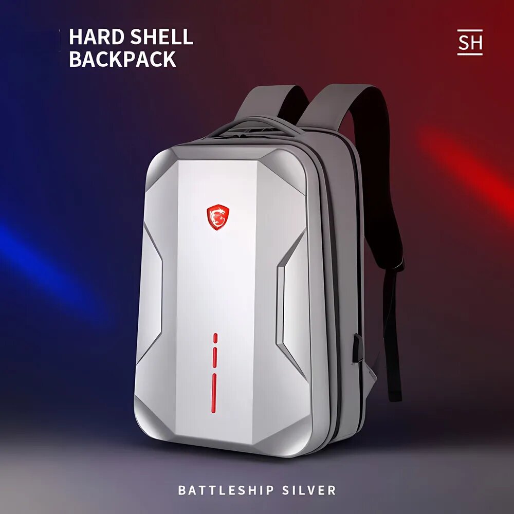MSI Рюкзак "Battleship Silver" для ноутбука 15-17.3 дюйма, жесткий корпус, 30-40л, ABS + Оксфорд