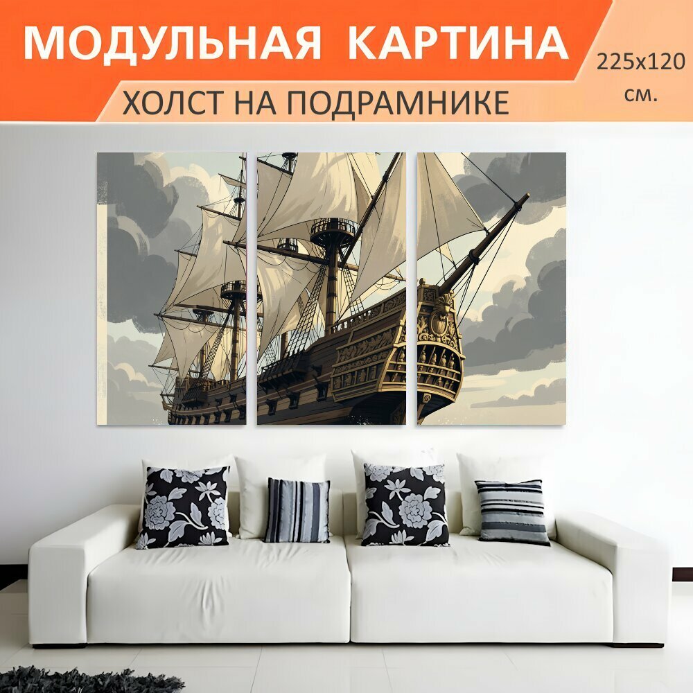 Модульная картина на холсте "Парусный фрегат в штормовом море. Величественный корабль с высокими мачтами и светлыми парусами плывёт." триптих на подрамнике 225х120 см. для интерьера