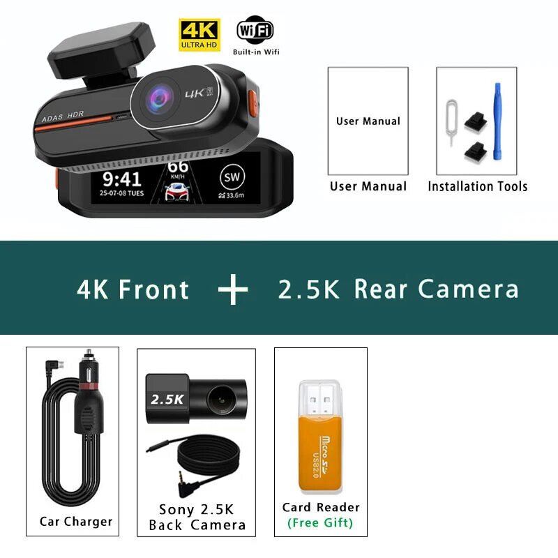 Видеорегистратор 4K + 2.5K с двумя камерами, Wi-Fi, ZN56-2.5K Rear