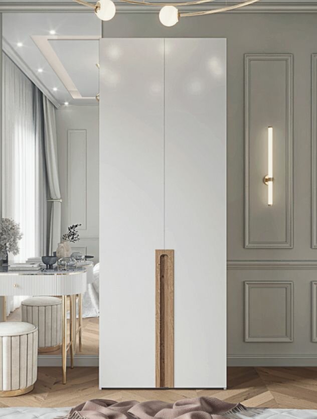 Casa Mia 80x55x260 см. Дизайнерский шкаф для одежды распашной с антресолью, 2-дверный, белый, ручка из массива дуба