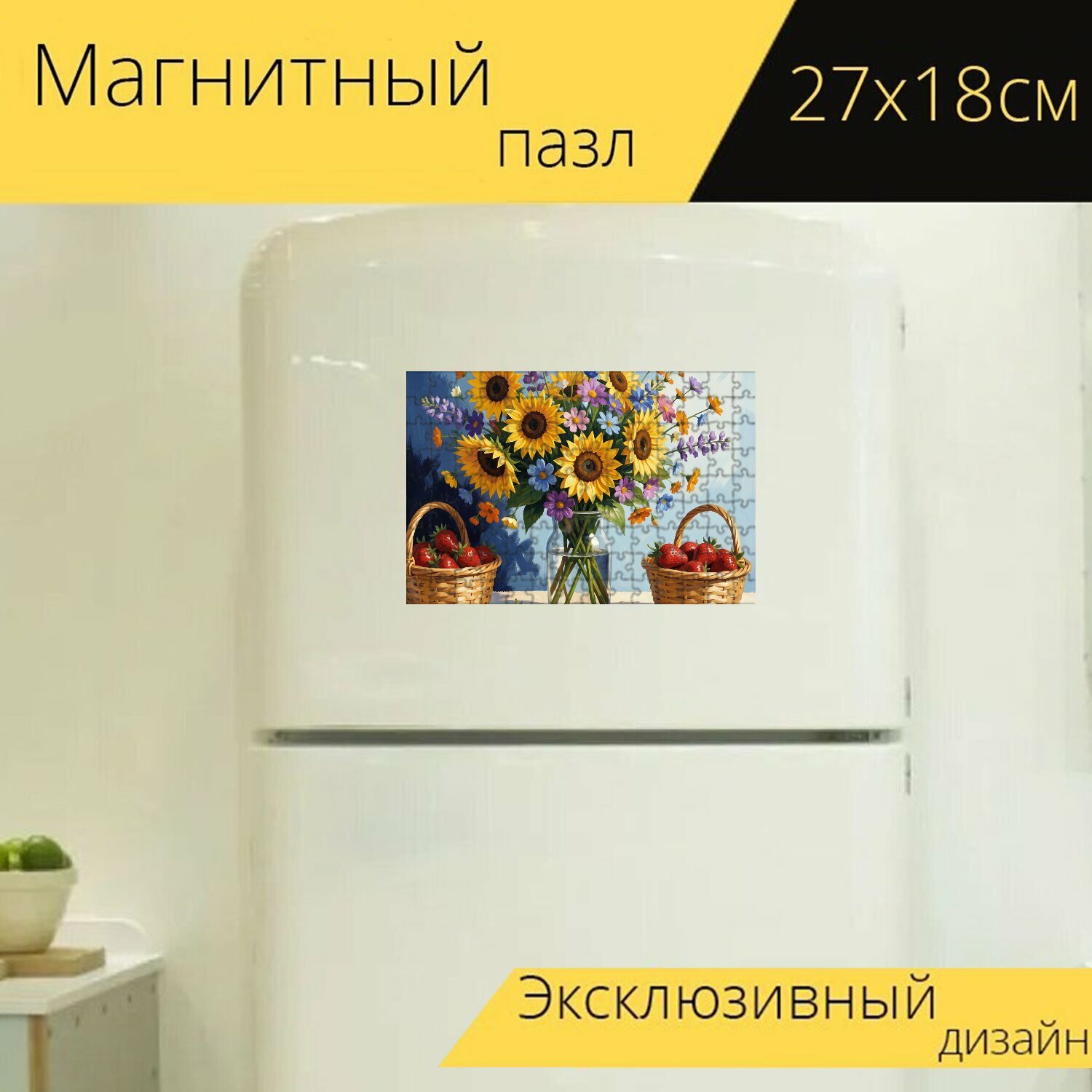 Магнитный пазл "Подсолнухи с клубникой в вазе. Яркий натюрморт в живописной манере: пышный букет солнечных цветов в стеклянной емкости, рядом плетёные." на холодильник 27 x 18 см.
