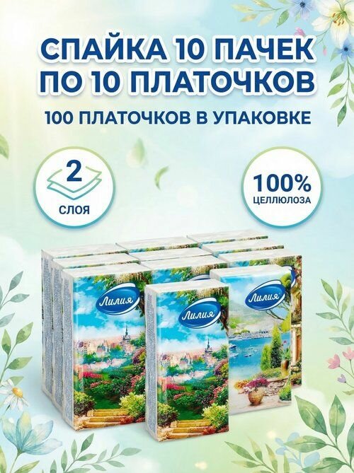 Платки носовые Лилия 2-слойные, 10 листов, Лето, спайка 10 пачек