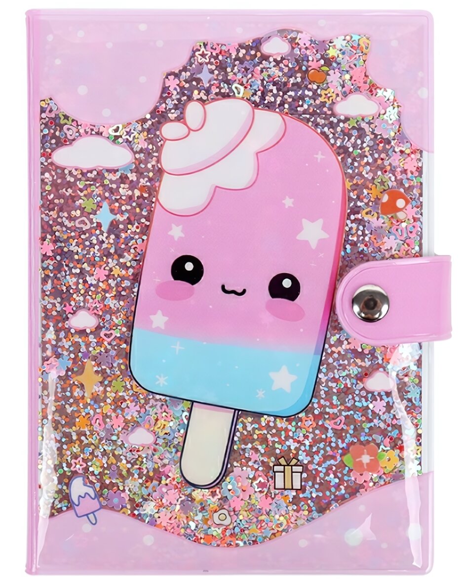 Блокнот Darvish "Мороженое" А6, 80 листов в клетку, на кнопке, 10,5х14,8 см, обложка с блестками и пайетками