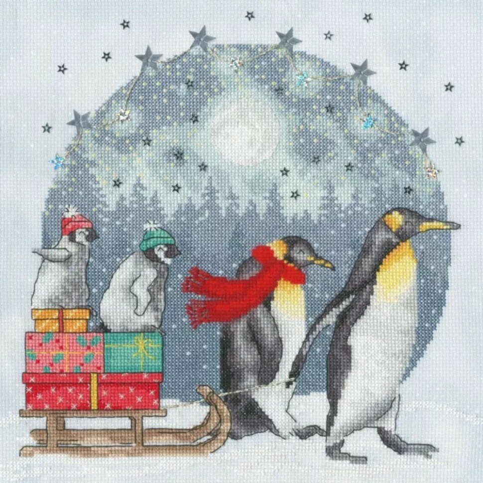 Набор для вышивания Bothy Threads #XJS3 Winter Waddle (Зимняя прогулка вразвалочку), Счетный крест, 26 х 26 см
