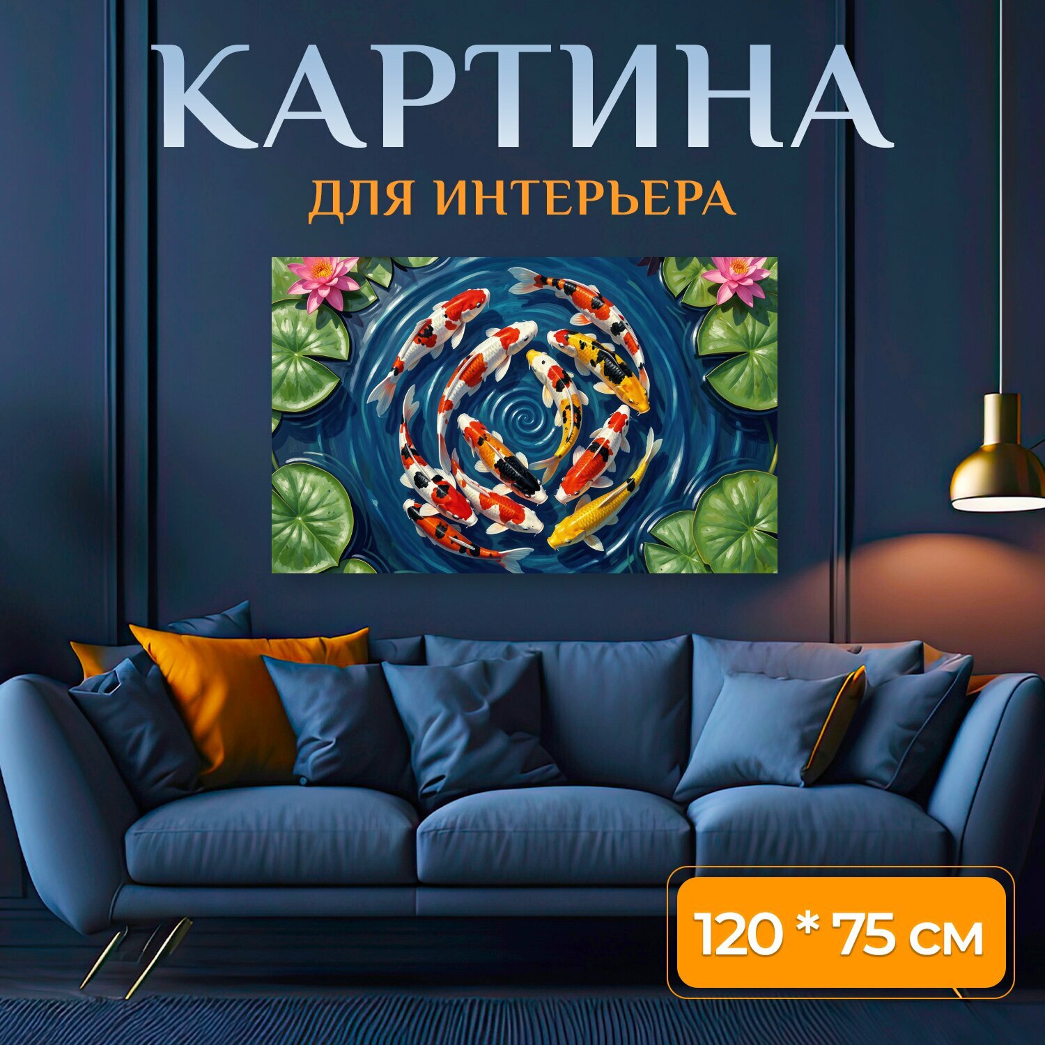 Картина на холсте "Кои в водяном круге. Яркая декоративная композиция с разноцветными карпами кои, плавающими среди кувшинок и розовых водяных." на подрамнике 120х75 см. для интерьера