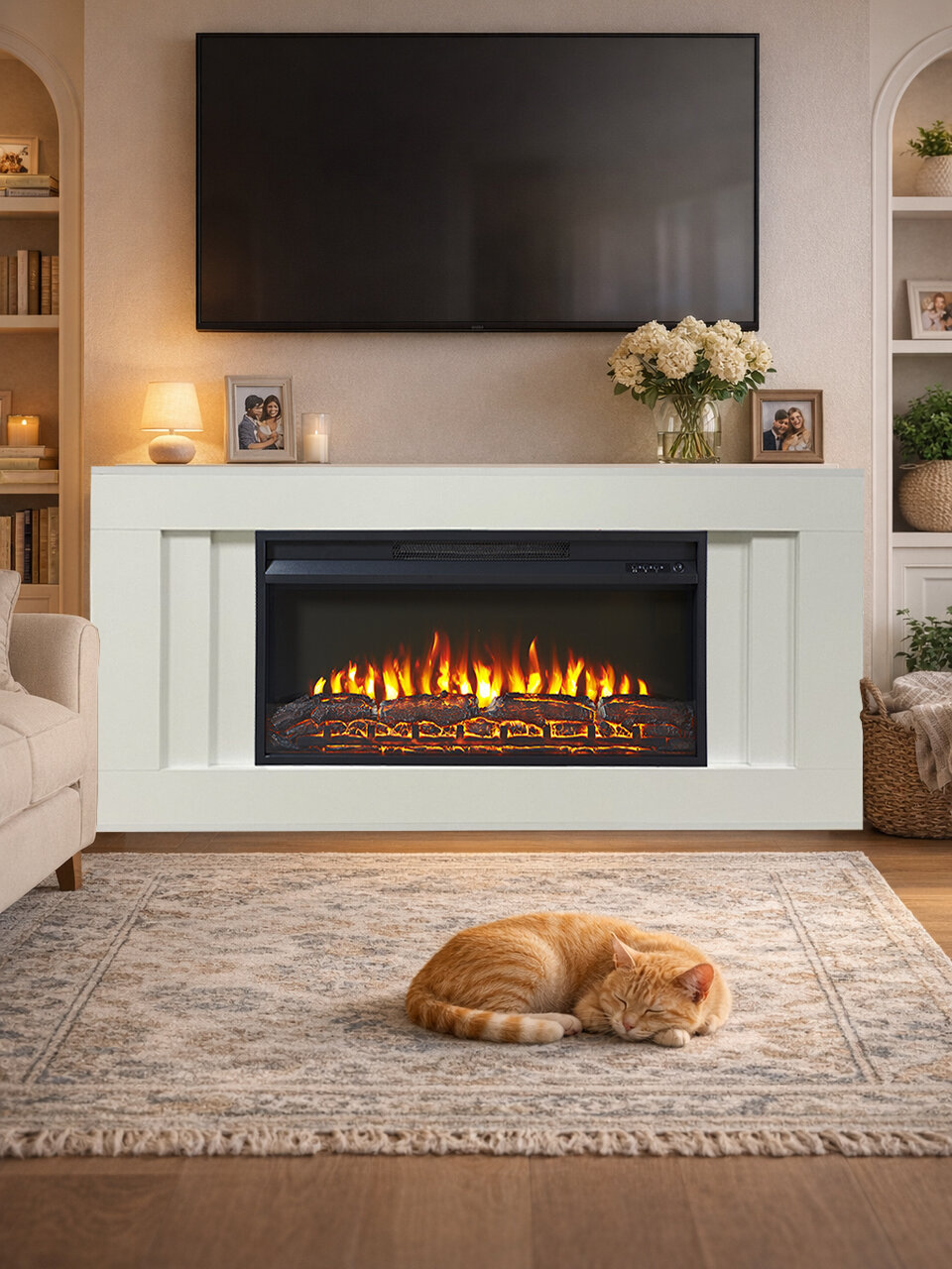 Линейный камин электрический Forward WT белый с очагом Flash 36, пульт ДУ, звук, обогрев, термостат (электрокамин)