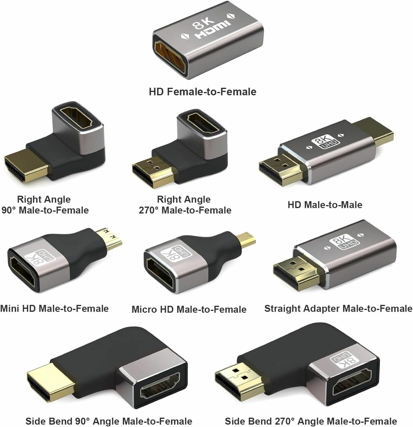9 шт. HDMI переходник угловой 90 и 270, позолоченный, L-образный, мужской-женский, поддерживает 8K@60Hz, 4K@120Hz для ТВ, Xbox, PS5