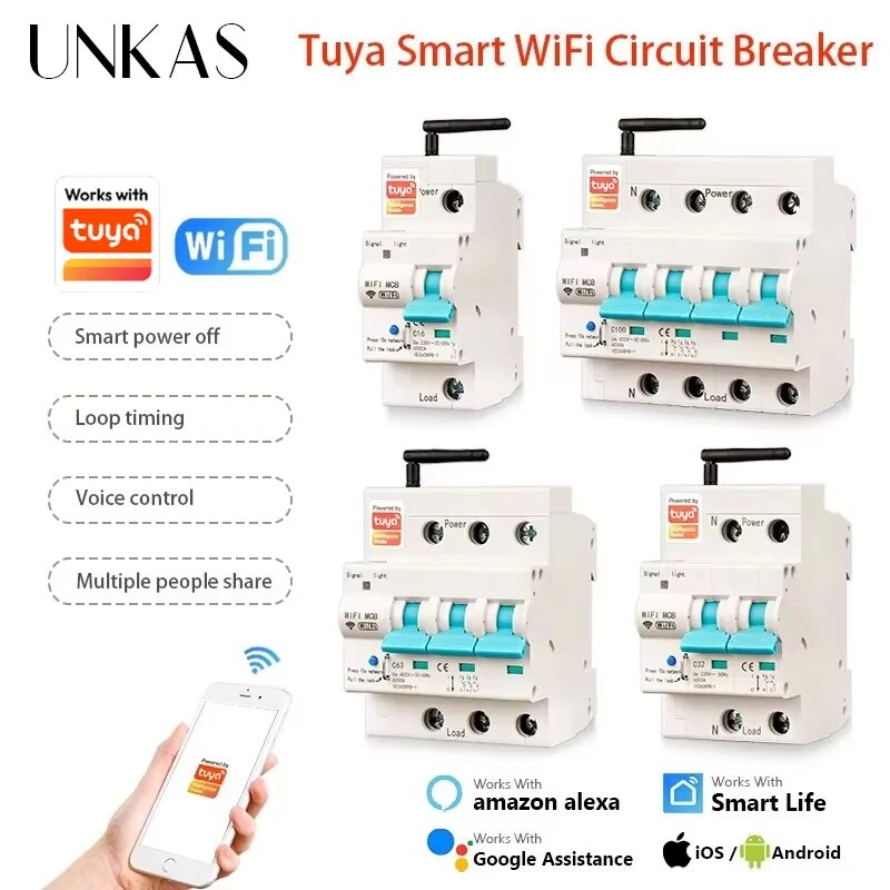 Умный выключатель UNKAS WiFi с таймером 1P, 20А
